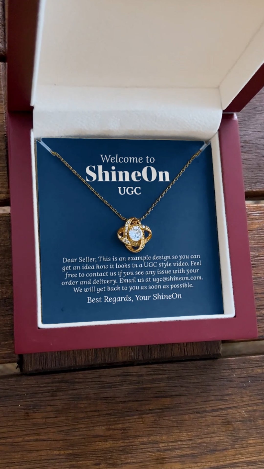 Love Knot Necklace Gold With Box - Wooden Table - UGC 3 – ShineOn UGC